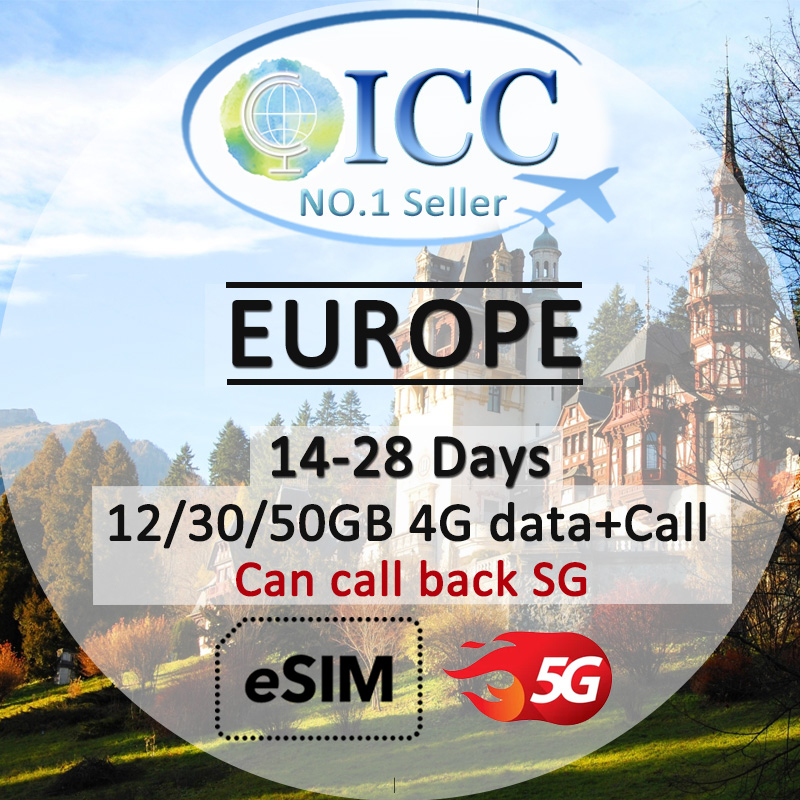 ICC eSIM- Europe EU-C 14-28 Days 12GB/30GB/50GB 5G/4G Data + Europe Call + International Call ...