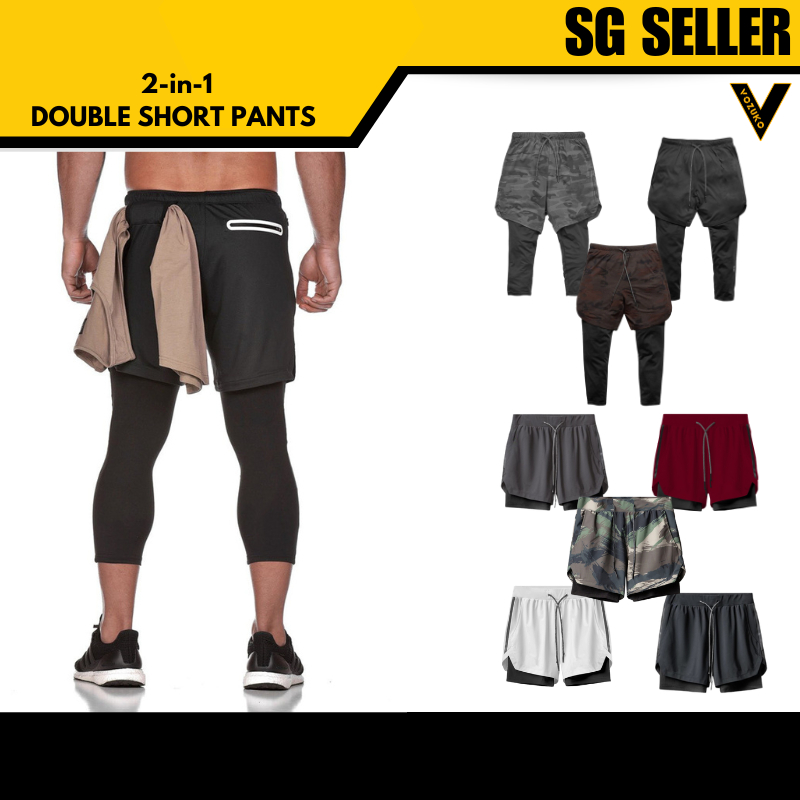 [SG SELLER] High Quality 2-in-1 Double Layered Short Sports Pants Men ...