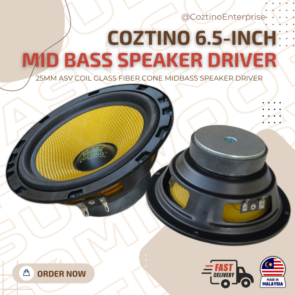 Coztino 6.5 inch 25mm ASV Coil Yellow Glass Fiber Cone Mid Bass Speaker ...