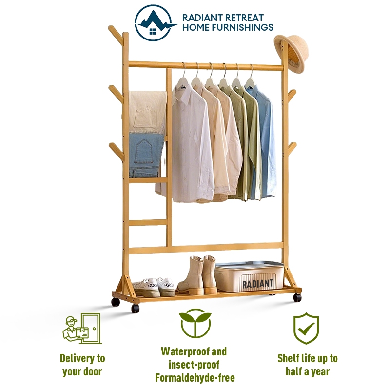 ⚡RADIANT Clothes Rack Bamboo with Wheels Coat Rack Shoes Rack ...