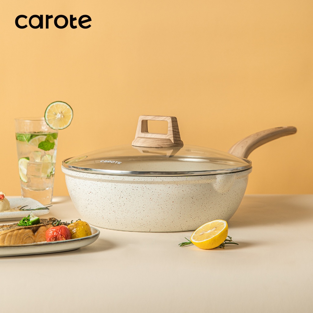 Carote Nonstick Deep Fry Pan With Lid Marble-coated Frying Wok ...
