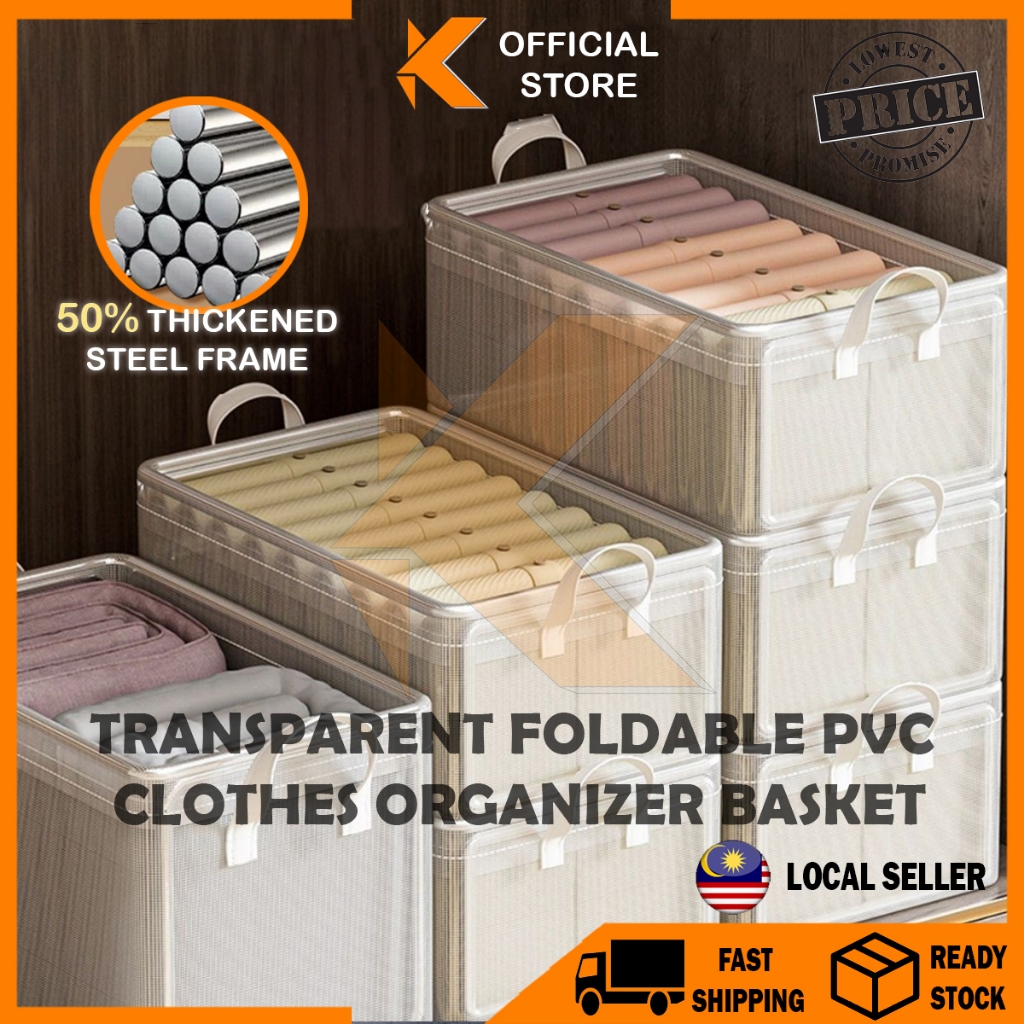【K-Home】Transparent Storage Box PVC Foldable Wardrobe Organizer Basket ...