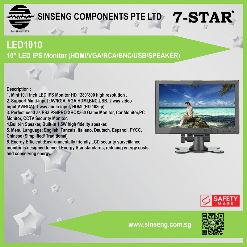 7-STAR* 10 Inch IPS LED Monitor with Safety Mark Adaptor (HDMI/VGA/RCA ...