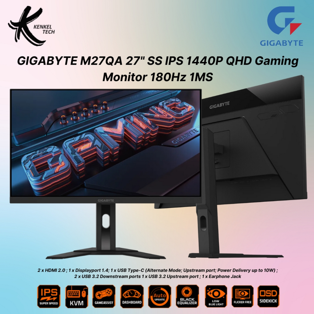 GIGABYTE M27QA 27" SS IPS 1440P QHD Gaming Monitor 180Hz 1MS FreeSync ...
