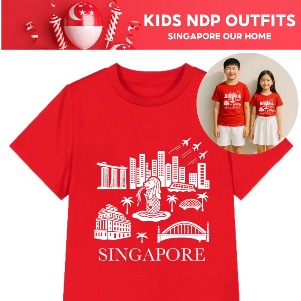National Day NDP Red Top - Baby Kids Red T-shirt Merlion City Skyline ...