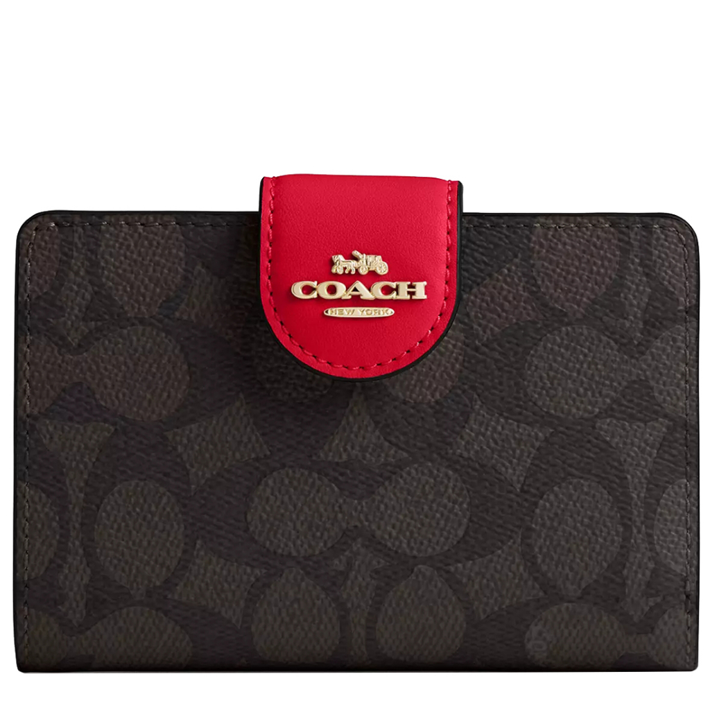 Coach Medium Corner Zip Wallet In Signature Canvas in Walnut/ Bold Red ...
