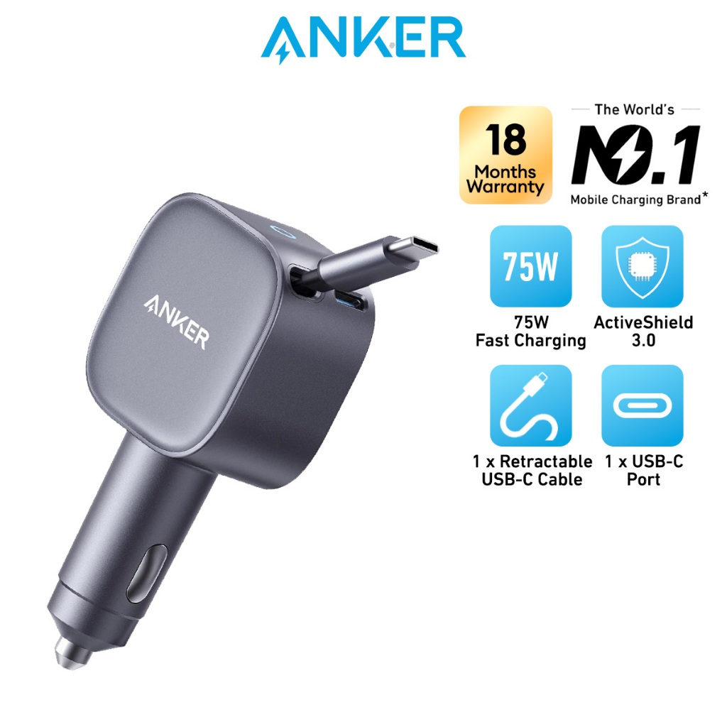 Anker USB-C Car Charger 75W Compact Type-C Fast Charging Car Charger Built-in USB-C Retractable ...