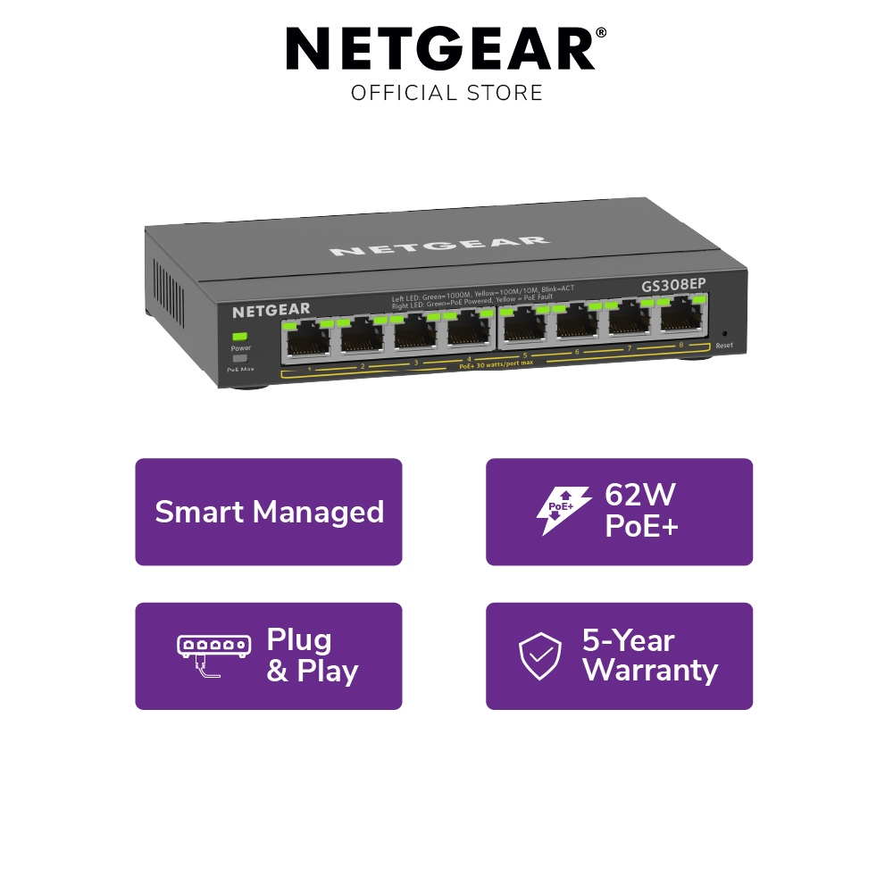 NETGEAR GS308EP 8-Port PoE+ Gigabit Managed Desktop Switch (62W ...
