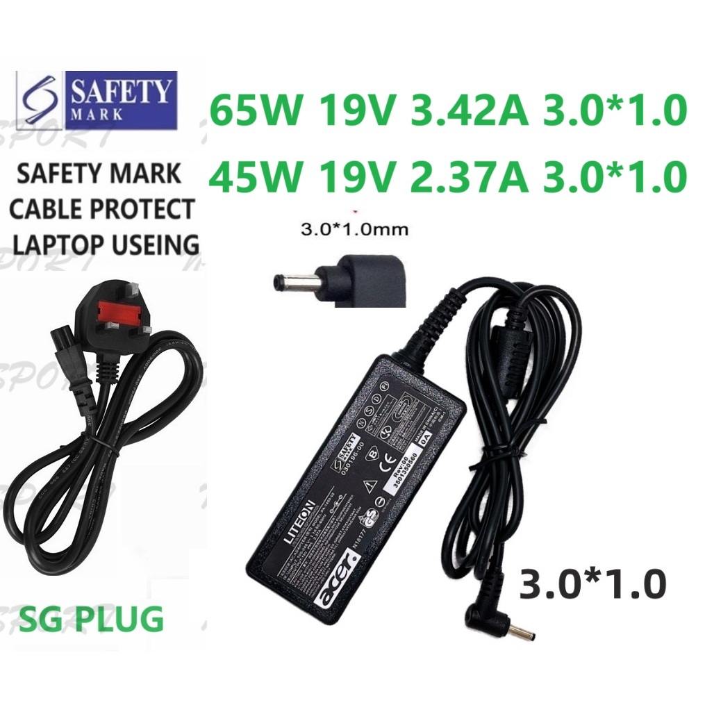 Acer 65W 19V 3.42A 3.0*1.0mm and 45W 19V 2.37A 3.0*1.0mm Uk 3Pin cable Adapter Laptop Charger ...