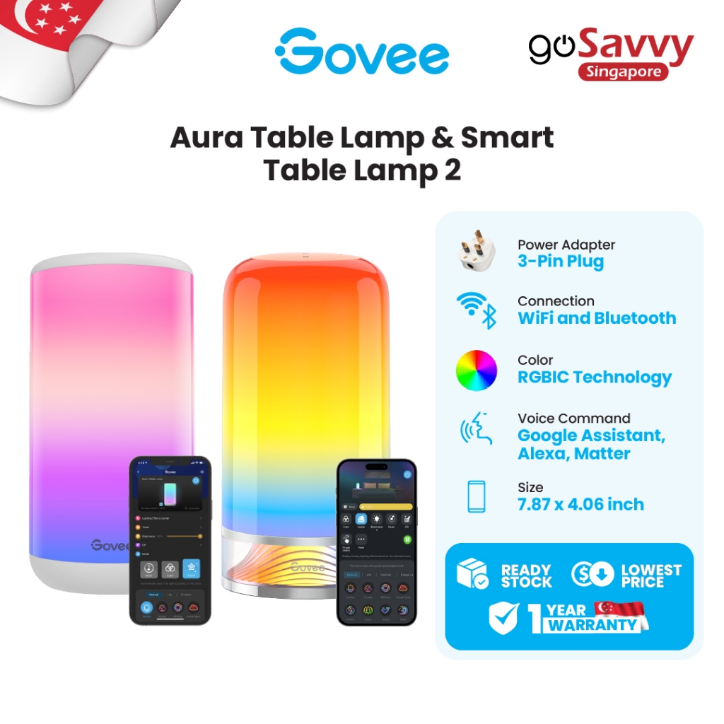 goSavvy Govee Aura Smart Table Light RGBIC Lamp Table Lamp Bedside Lamp ...