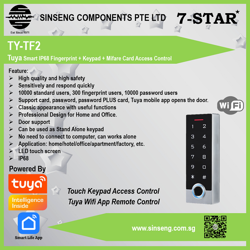 7-STAR* TY-TF2 WiFi Tuya Smart Life IP68 Waterproof 3-in-1 Fingerprint ...