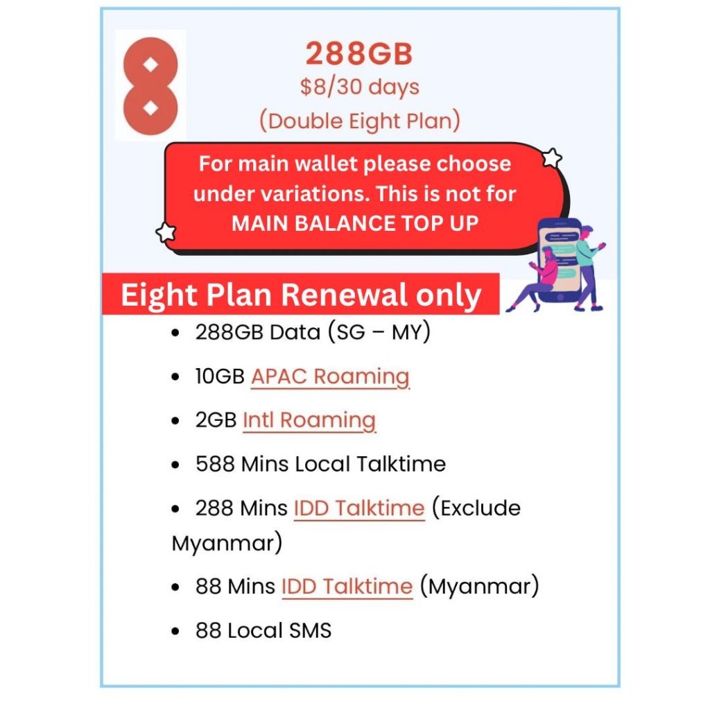 eight Plan Renewal / Top-Up $8 for 288GB, $11.80 488GB, $18 for 588GB ...