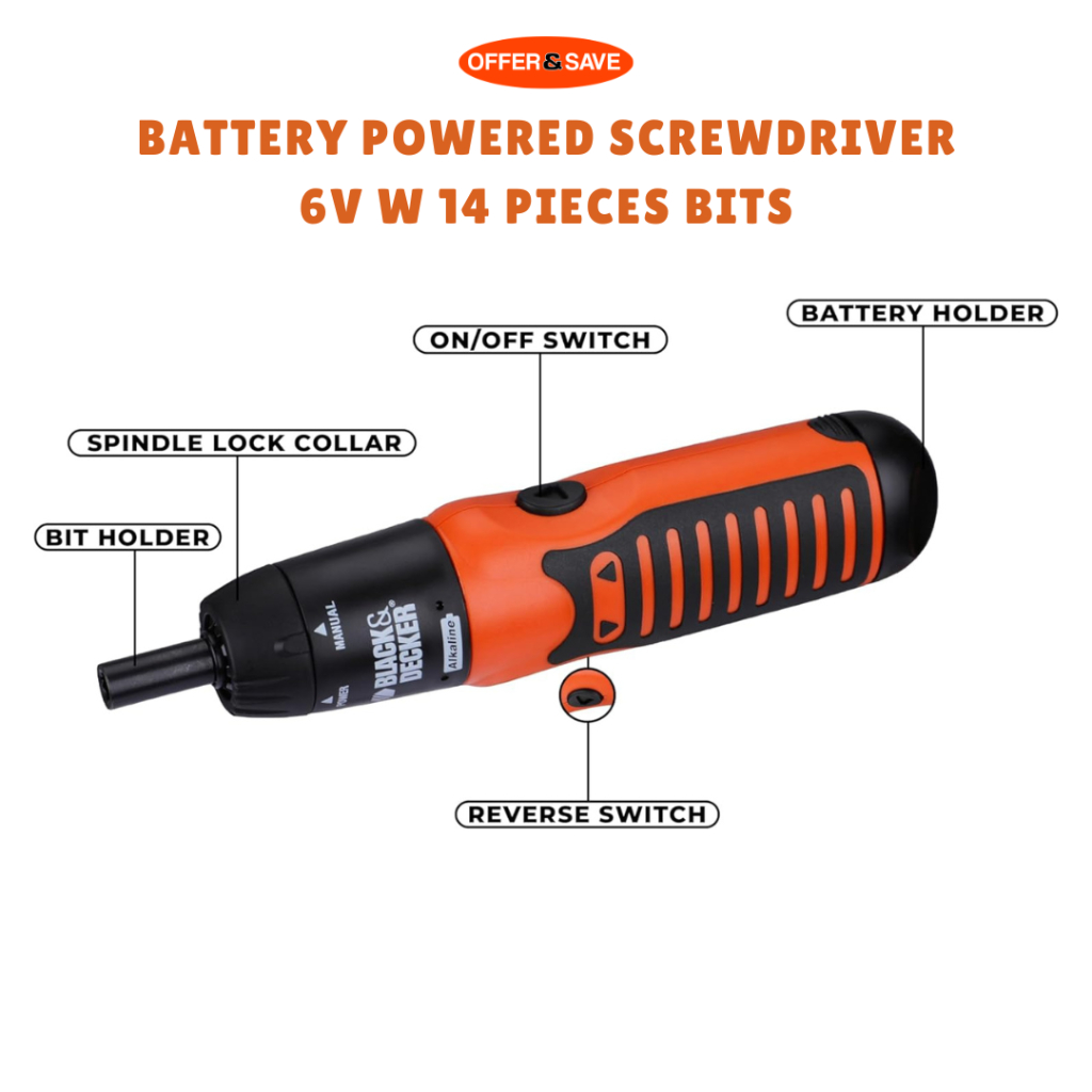 Black & Decker Battery Powered Screwdriver 6V W 14 Pieces Bits A7073-TW | Shopee Singapore