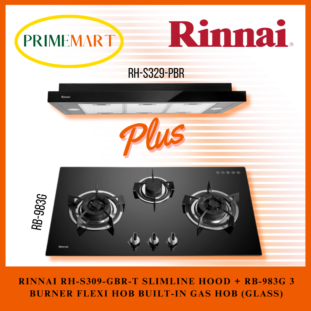 RINNAI RH-S329-PBR SLIMLINE HOOD + RB-983G 3 BURNER FLEXI HOB BUILT-IN GAS HOB BUNDLE DEAL ...