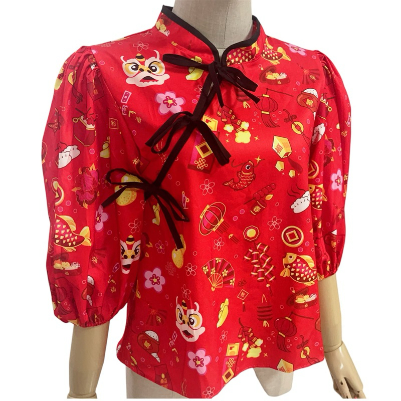 Cheongsam top Balloon sleeve Rubber Ribbon tie button CNY2025 (7510 ...