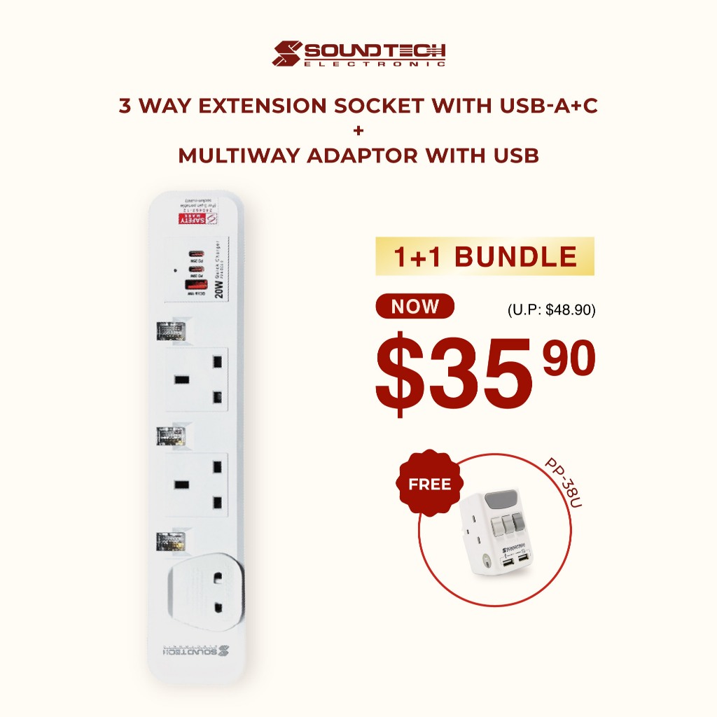 SOUNDTEOH 3 Way Extension Socket with USB-A+C + 3 Ways Adaptor with USB ...