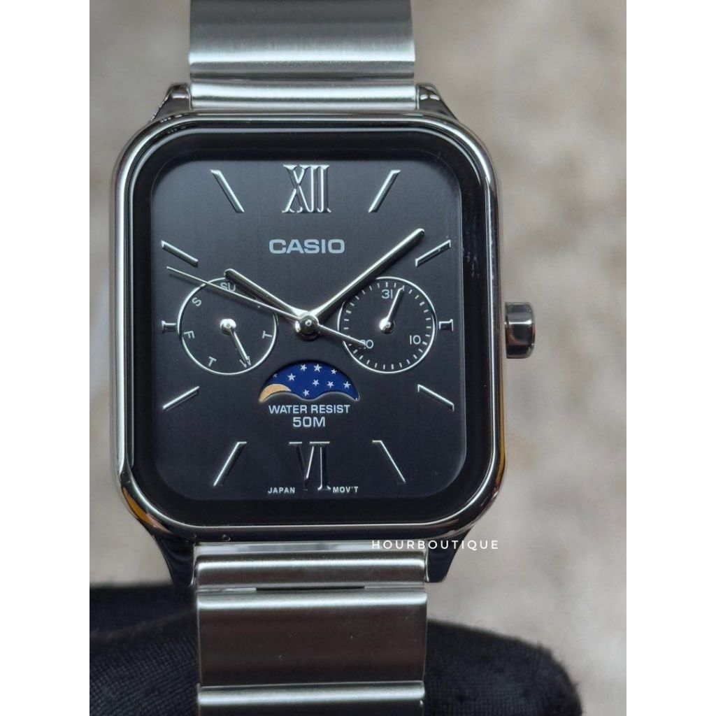 Brand New Casio Rectangular Moon Phase Black Dial Roman Index Quartz ...