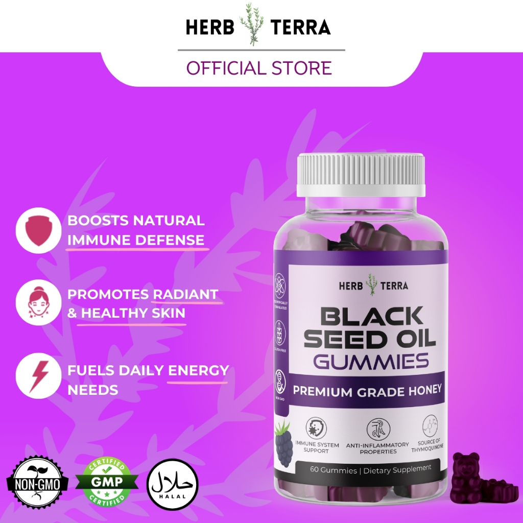 Herb Terra Black Seed Oil & Honey Gummies W/ 2%+ THYMOQUINONE | Nigella Sativa Seeds | Habbatus ...