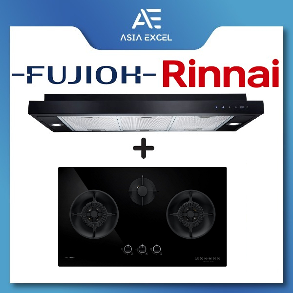 RINNAI RH-S329-PBR 90CM BLACK SLIMLINE HOOD + FUJIOH FH-GS6530 SVGL 3 BURNER GLASS GAS HOB ...