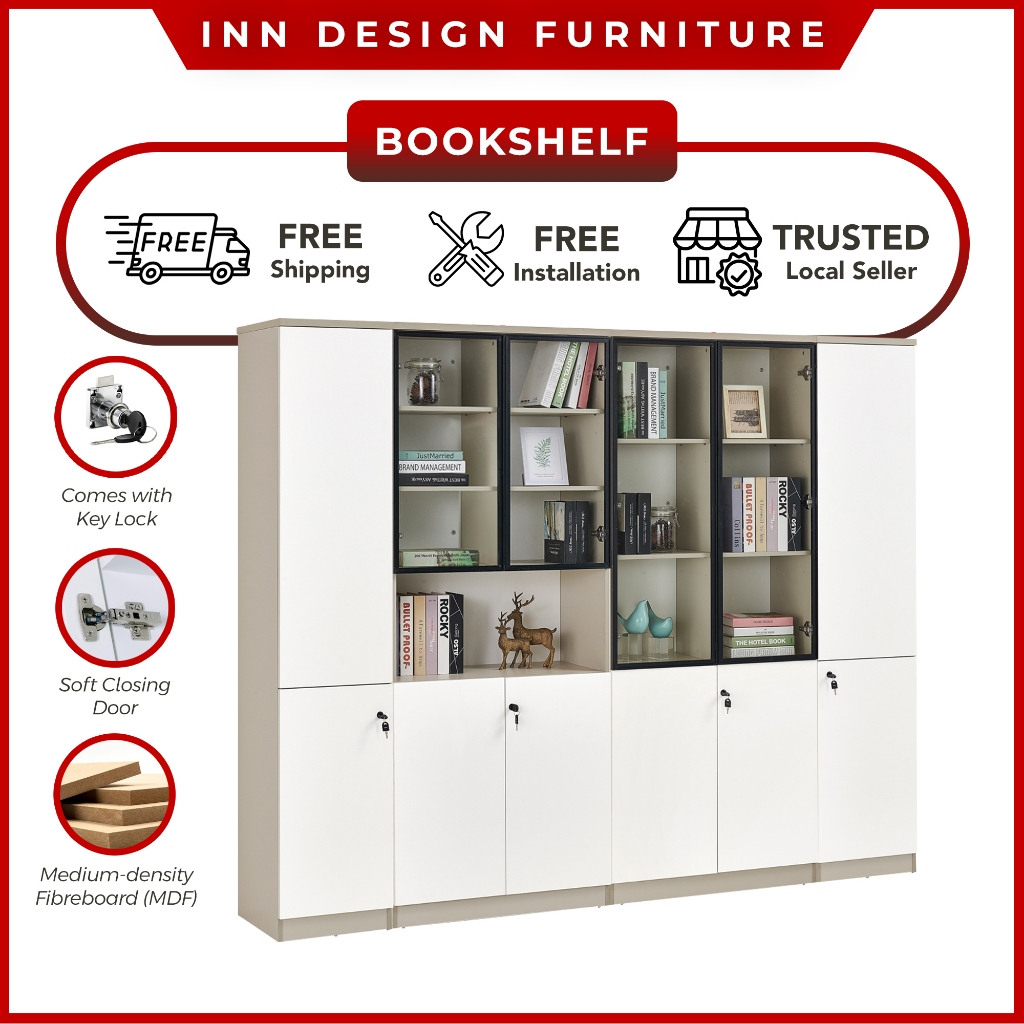 INNDESIGN MARLON BOOKSHELF / BOOK CABINET WITH GLASS AND LOCK / DISPLAY ...