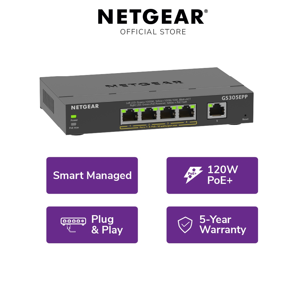 NETGEAR GS305EPP 5-Port PoE+ Gigabit Managed Desktop Switch (120W ...