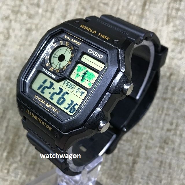 [Watchwagon] Casio AE-1200WH-1B World Time World Map 10 Years Battery Life Digital Mens Watch ...