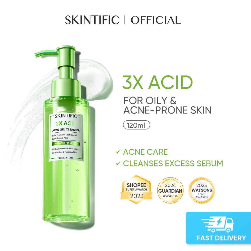 SKINTIFIC 3X Acid Acne Gel Cleanser 120ml Acne Facial Wash Cleanses ...