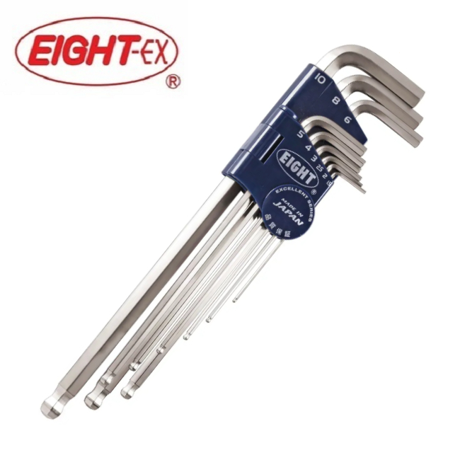 EIGHT TLS-9N Taper-Head Ball-point Allen Key Wrenches Long Chrome Sets ...
