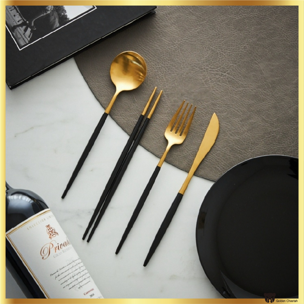 MODERN HOUSE Modern Gold Black Dinner Cutlery 4pcs Set | Shopee Singapore