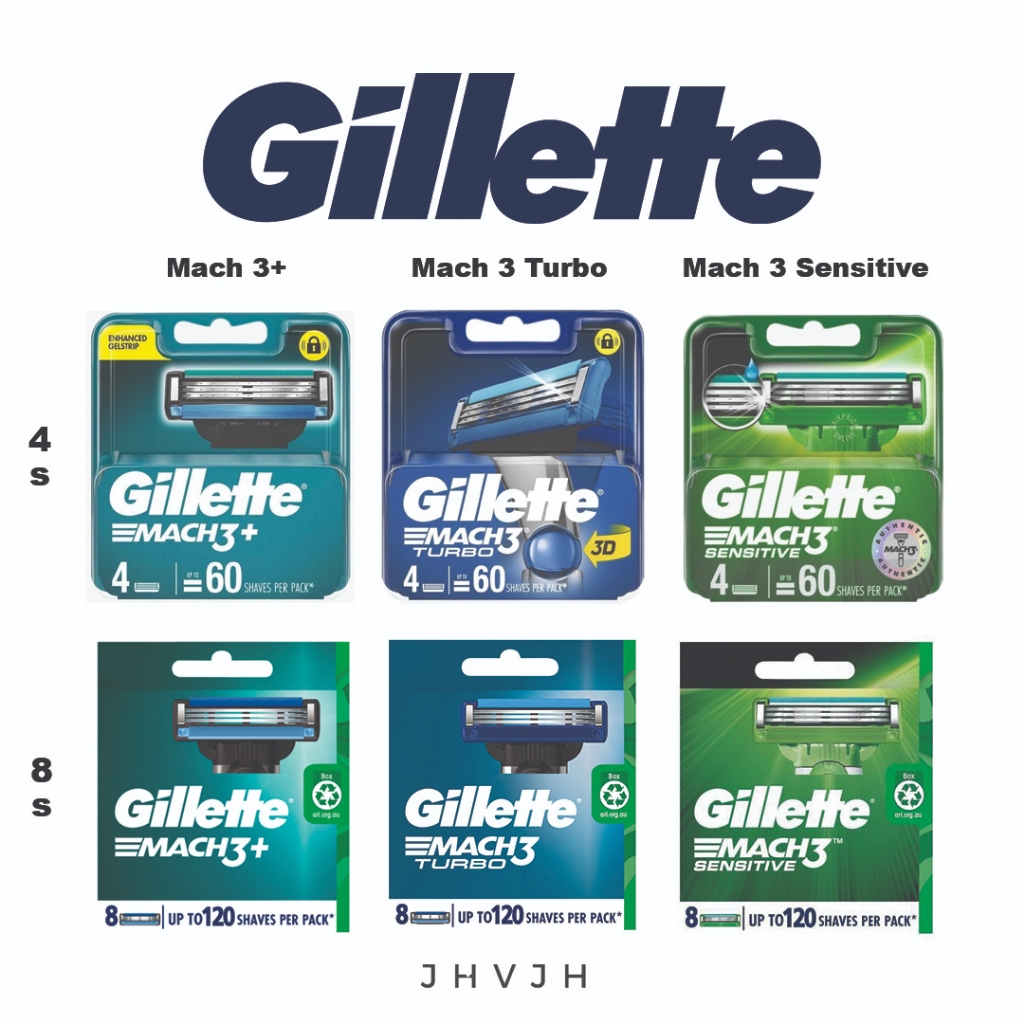 GILLETTE MACH 3 4s & 8s REFILL BLADES - 3+ / SENSITIVE / TURBO | Shopee ...