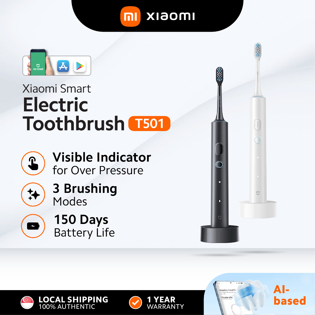 Xiaomi Smart T501 Electric Smart Oral Toothbrush 150 Days Battery Over Pressure Indicator AI ...