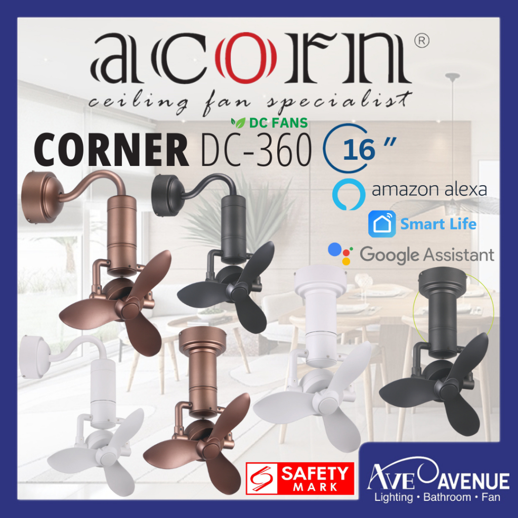 ACORN DC-360 DC Motor 3 Blade Smart WiFi Corner Ceiling/Wall Fan with ...