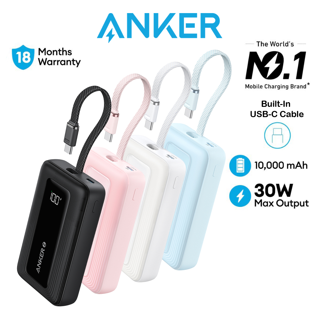 Anker Zolo Power Bank, 10,000mAh 30W Portable Charger with Built-in USB-C Cable for Travel, Fast ...