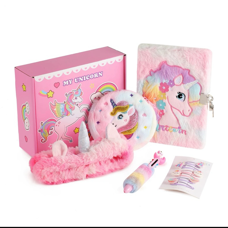 Unicorn furry goodie bag with notebook with lock and pen stationary set ...