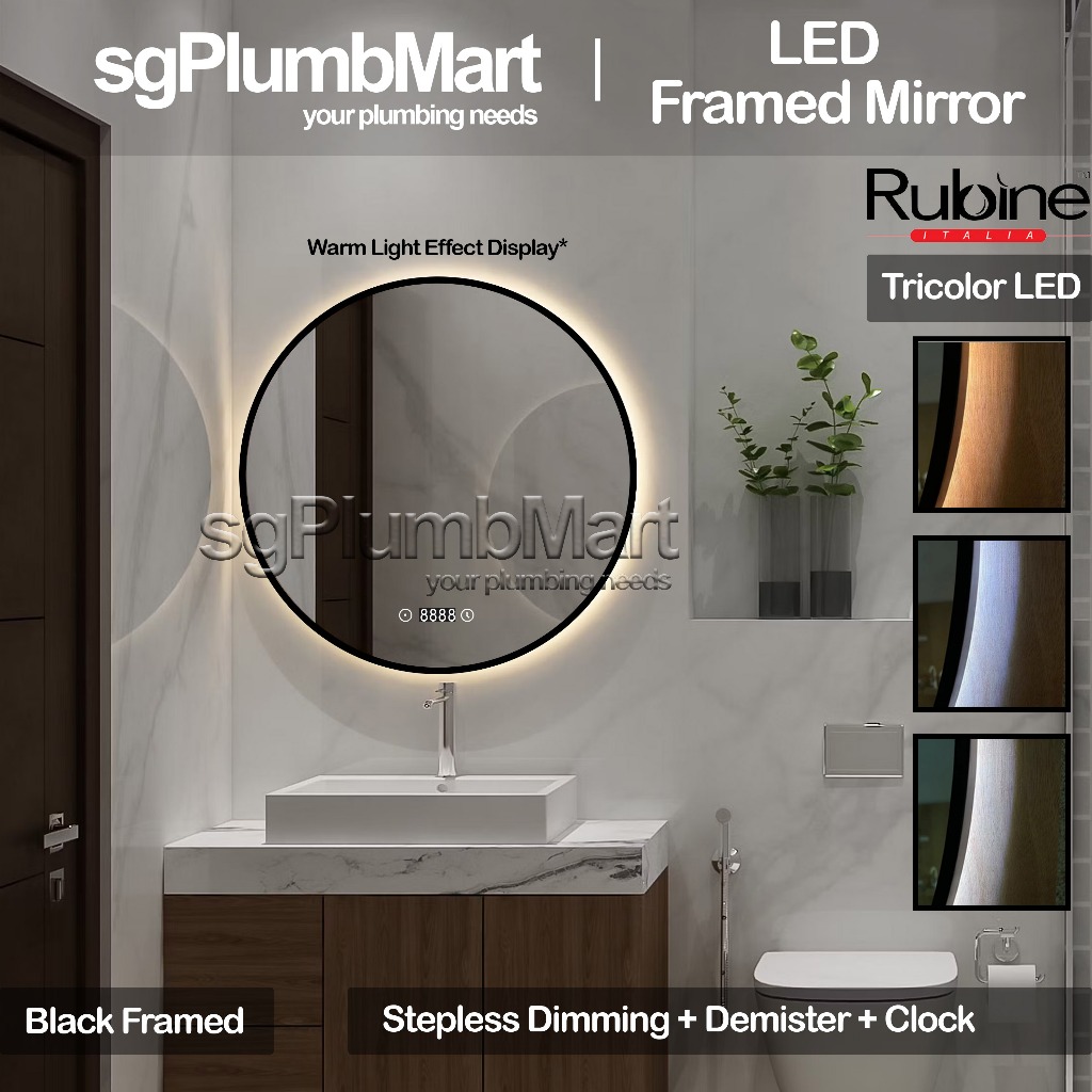 Rubine x sgPlumbMart Bathroom Frame Wall-Mounted LED Mirror with Clock ...