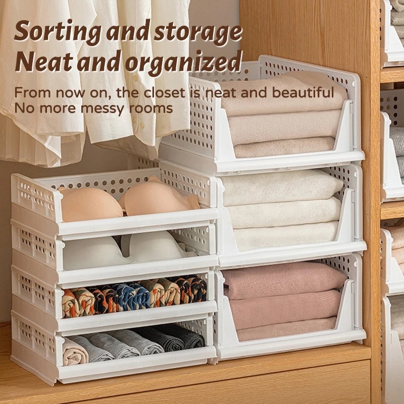 Stackable Clothes Organizer Plastic Wardrobe Storage Box Foldable ...