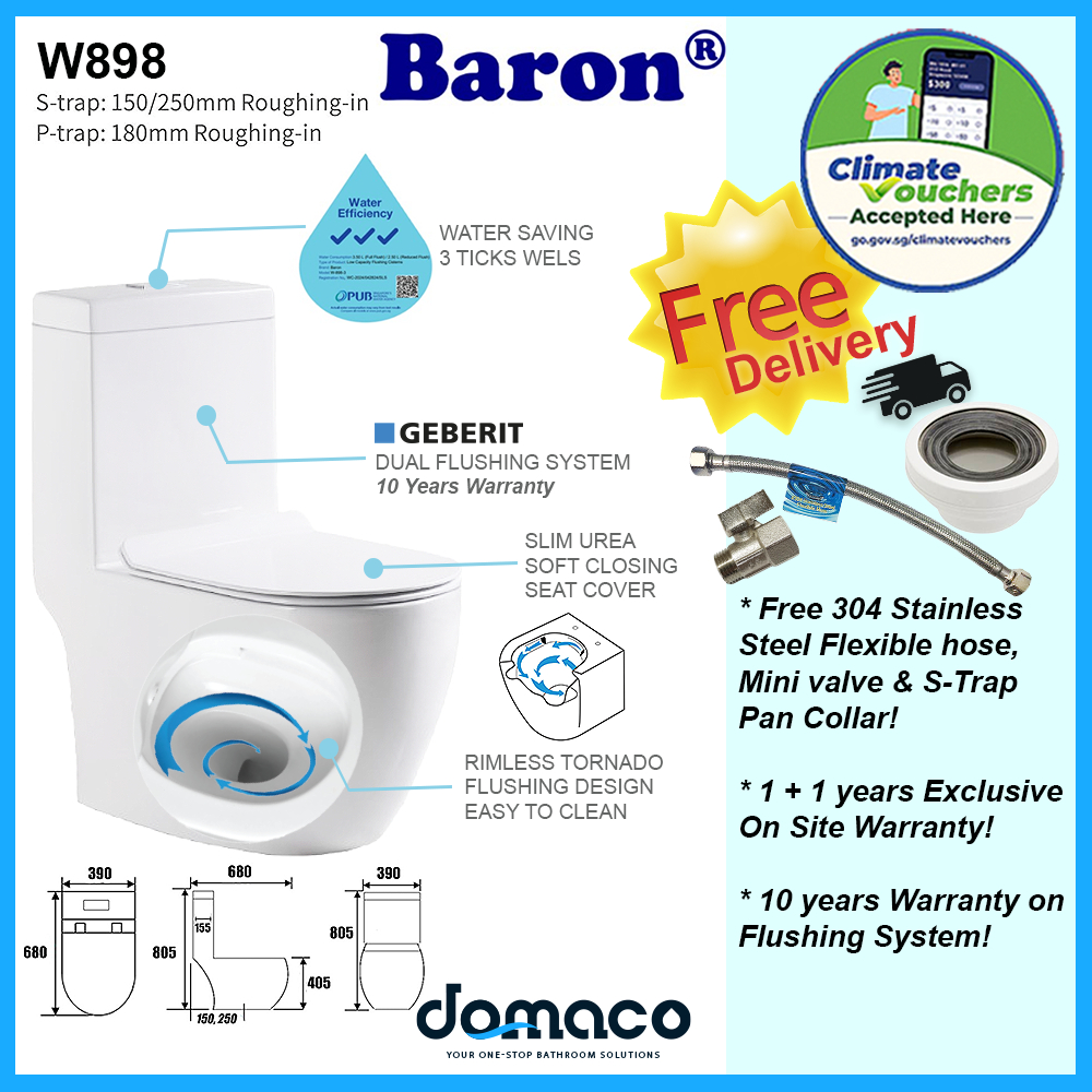[CLIMATE VOUCHER $300] Baron BW898 Gerberit Rimless Toilet Bowl Tornado Flushing with Urea Soft ...
