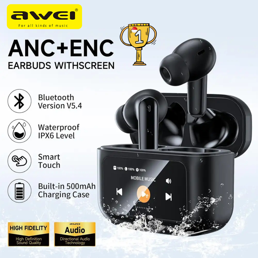Awei TWS T56 ANC Large color Screen Bluetooth earphone Noise Cancelling ...