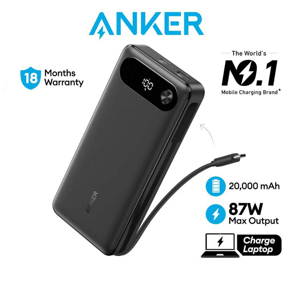 Anker PowerBank, 20,000mAh Portable Charger with Built-in USB-C Cable, 87W Max Fast Charging USB ...