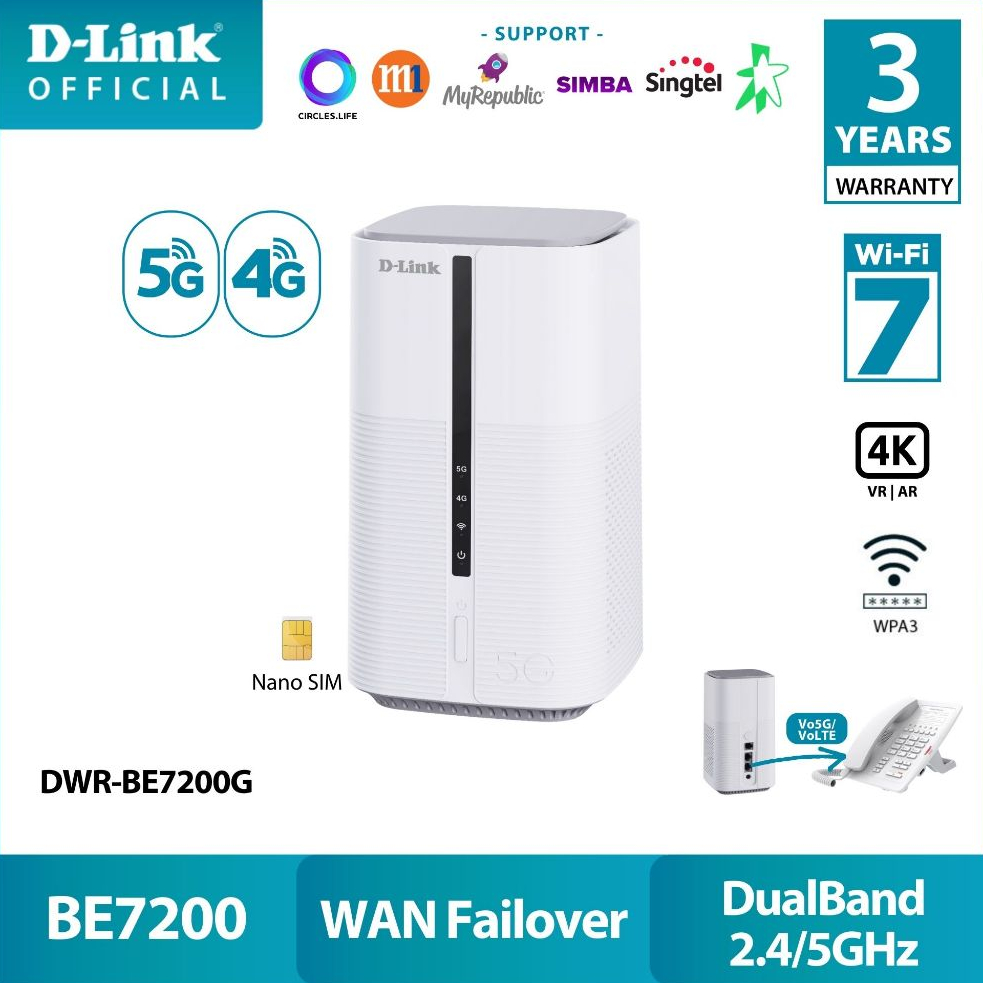 D-Link DWR-BE7200G 5G NR Wi-Fi 7 BE7200 Multi-Gigabit (MG) VoNR/Vo5G ...