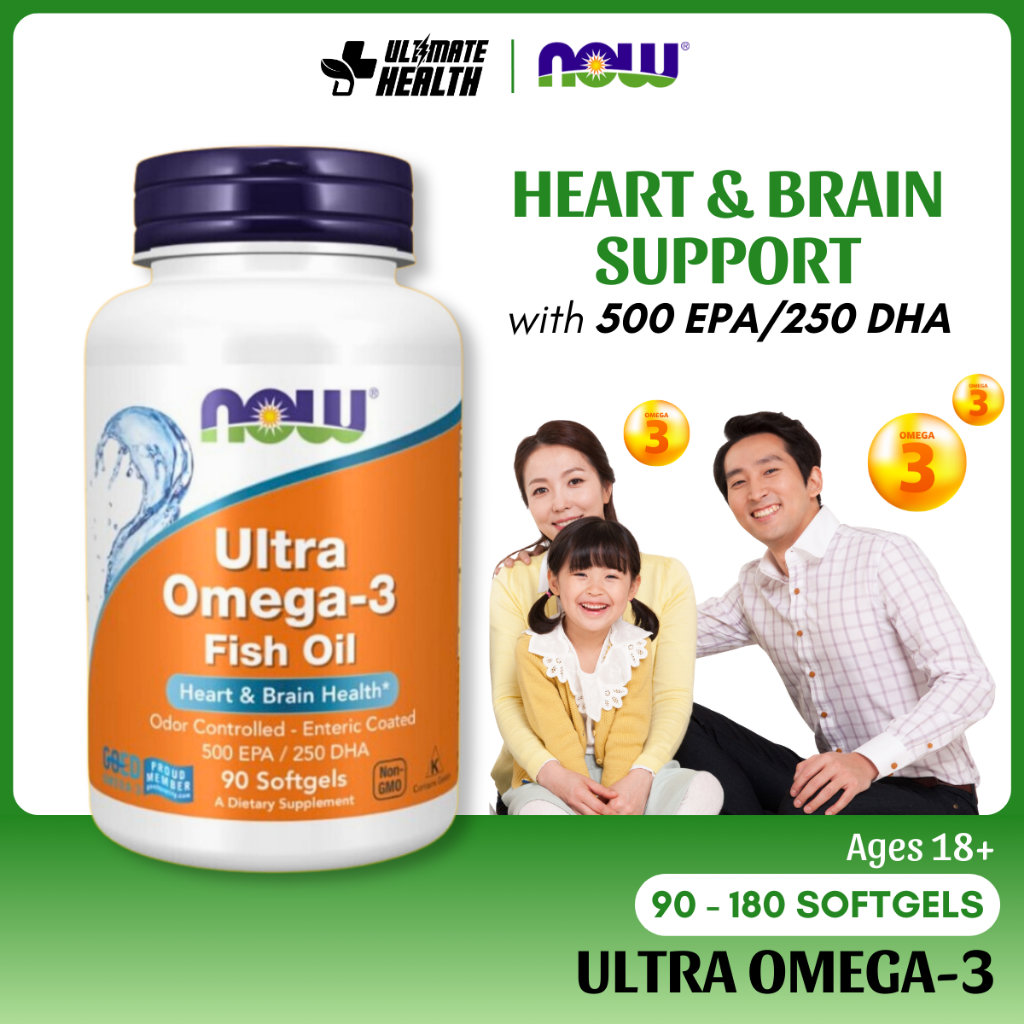 Now Foods, Ultra Omega-3, Fish Oil, 500 EPA/250 DHA, Supports Brain Health & Heart Health, 90 ...