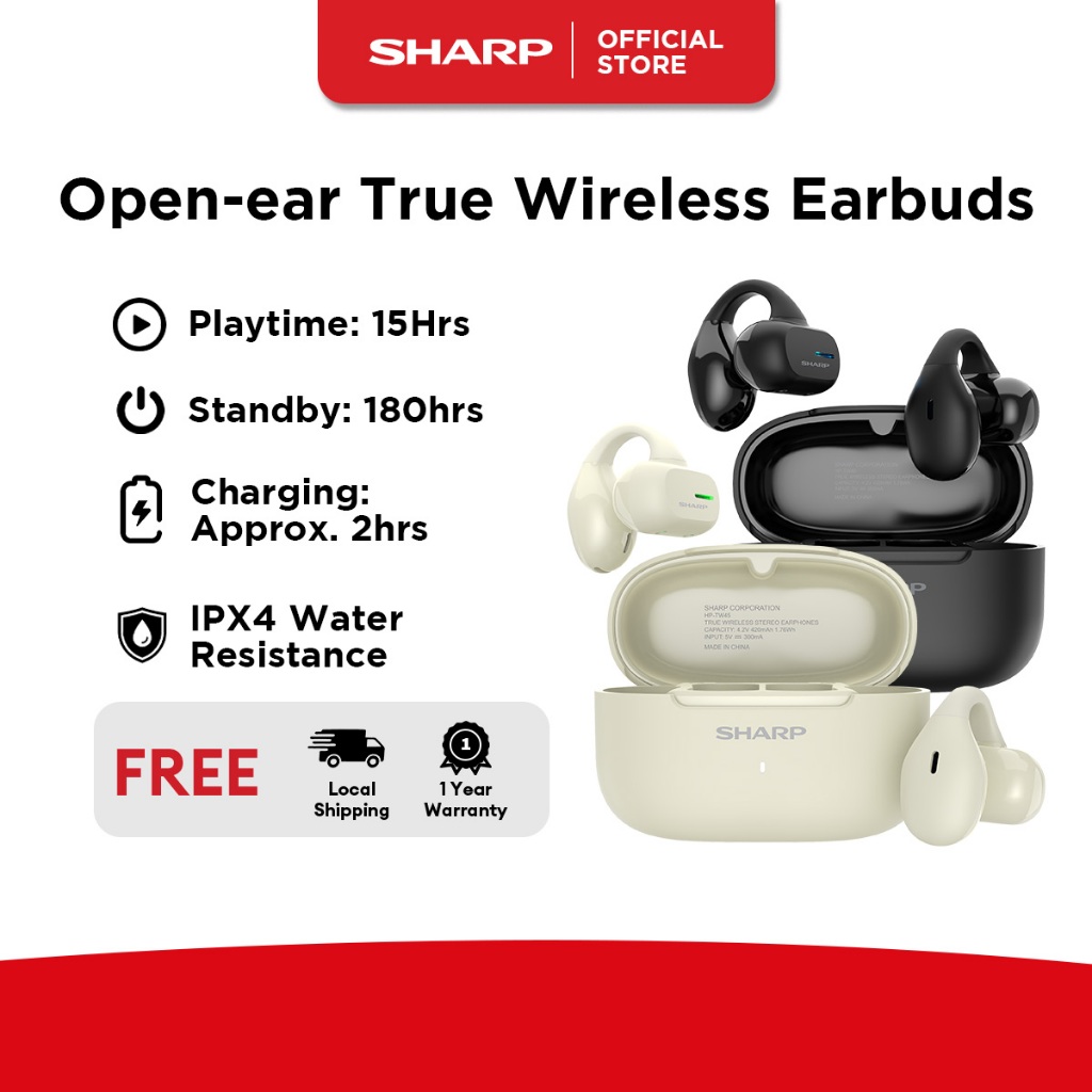 SHARP Open-Ear True Wireless Earbuds (HP-TW45) - Available in Black and Milky-White | Shopee ...