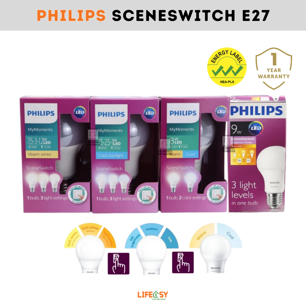 PHILIPS SceneSwitch E27 LED Bulb 2 / 3 Tone Step Dimming Light Bulb ...