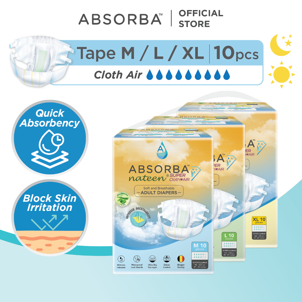 Absorba Nateen SUPER CLOTHAIR Adult Diaper - M/L/XL Size, Pack of 10s ...