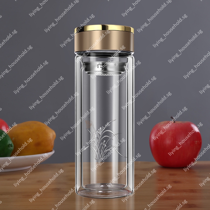 Double Layer High Borosilicate Glass Water Bottle - Leakproof Glass ...