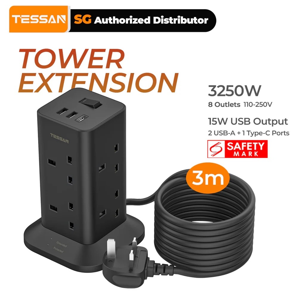 TESSAN - SG Safety Mark, Tower Socket Outlet with USB & Type C Port ...