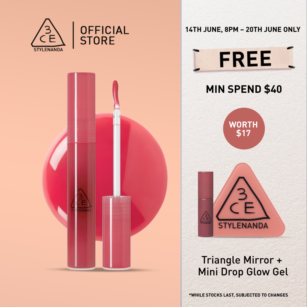 3CE Drop Glow Gel lipstick, non-sticky hydrating formula, bouncy gel ...