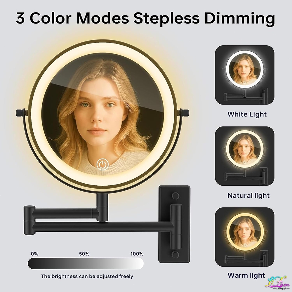 5X Magnifying Rechargeable Wall Mirror Mounted 3 Colors Lighted Makeup ...