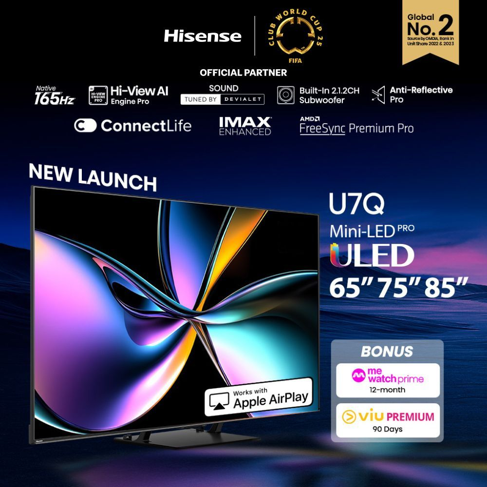 Hisense U7Q 65/75/85 inch ULED Mini LED Pro AI TV | 165Hz | Hi-View AI Engine Pro | 2.1.2CH ...