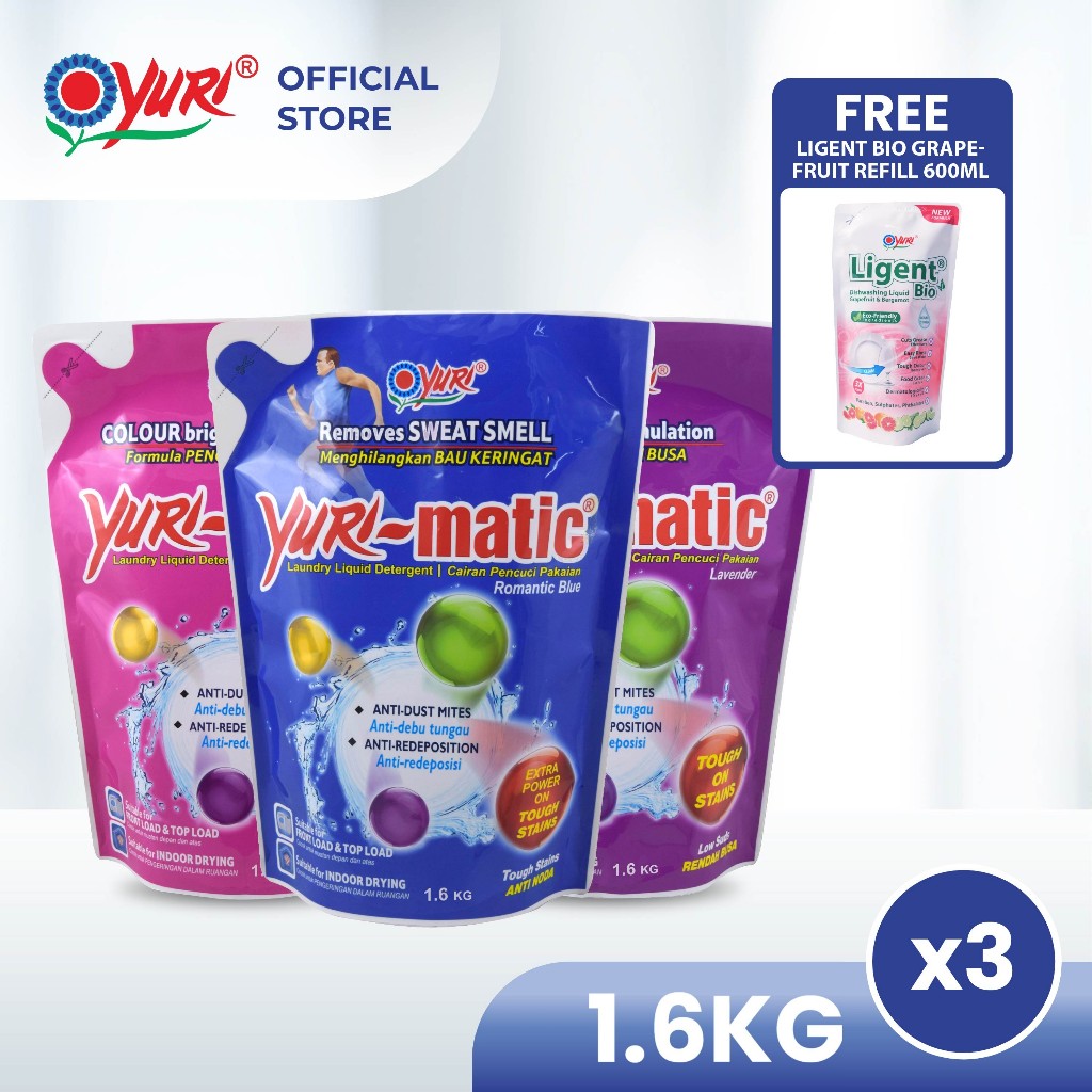 [Triple Pack] Yuri-matic Laundry Liquid Detergent Refill 1.6Kg x3 (FOC ...